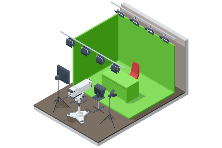 Isometric tv studio news with light Royalty Free Vector