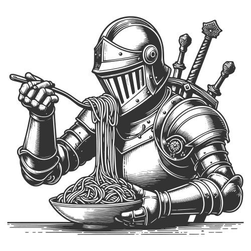 Medieval knight eating burger engraving Royalty Free Vector