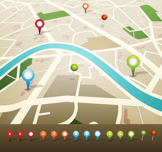 Map with route and gps pointers Royalty Free Vector Image