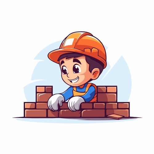 Cartoon boy builder worker building a brick wall Vector Image