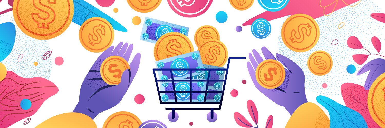 Hands putting dollar coins in trolley cart Vector Image