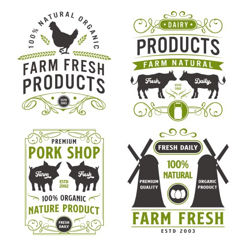 Organic farm fresh products logo set Royalty Free Vector