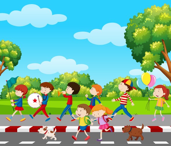 Cartoon kids marching band parade child musicians Vector Image
