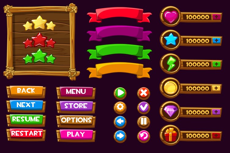 Game ui big kit template wooden menu Royalty Free Vector Game ui big kit template wooden menu Royalty Free Vector