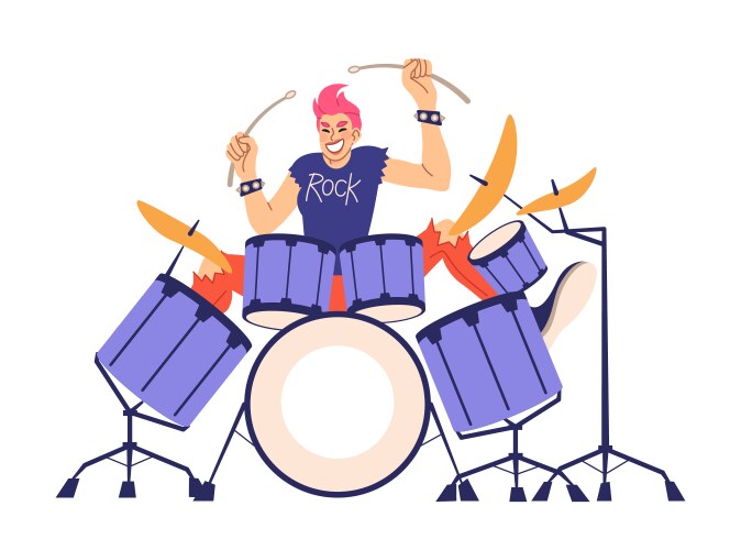 Wild drummer playing drum set cartoon Royalty Free Vector