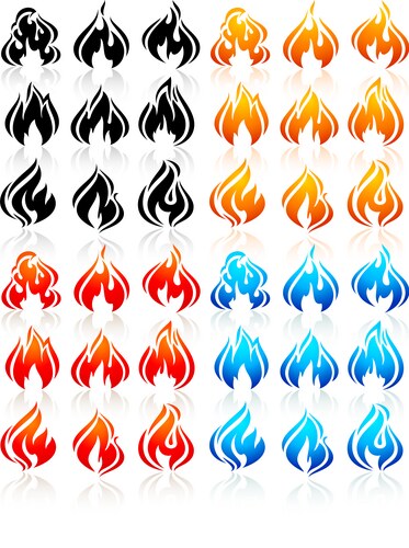 Fire flames set orange icons with reflection Vector Image
