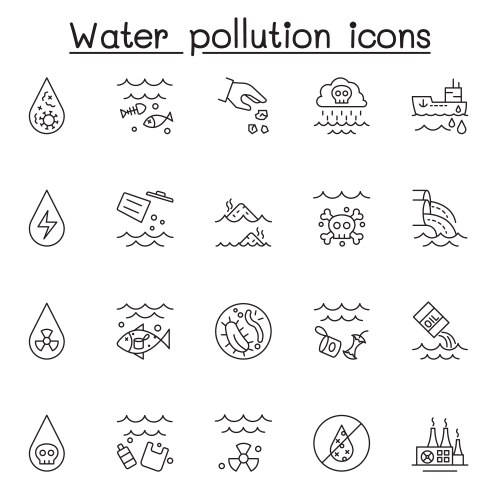 Water pollution ecology problem icon set in thin Vector Image