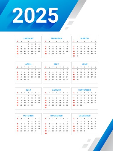 White blue 2025 annual calendar template Vector Image