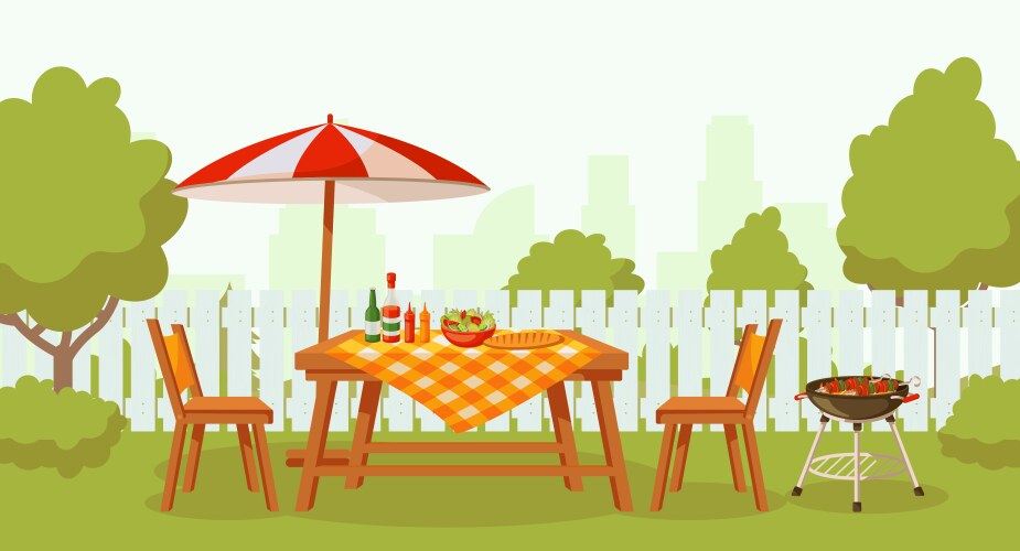 Cartoon barbecue outdoor grill party in backyard Vector Image