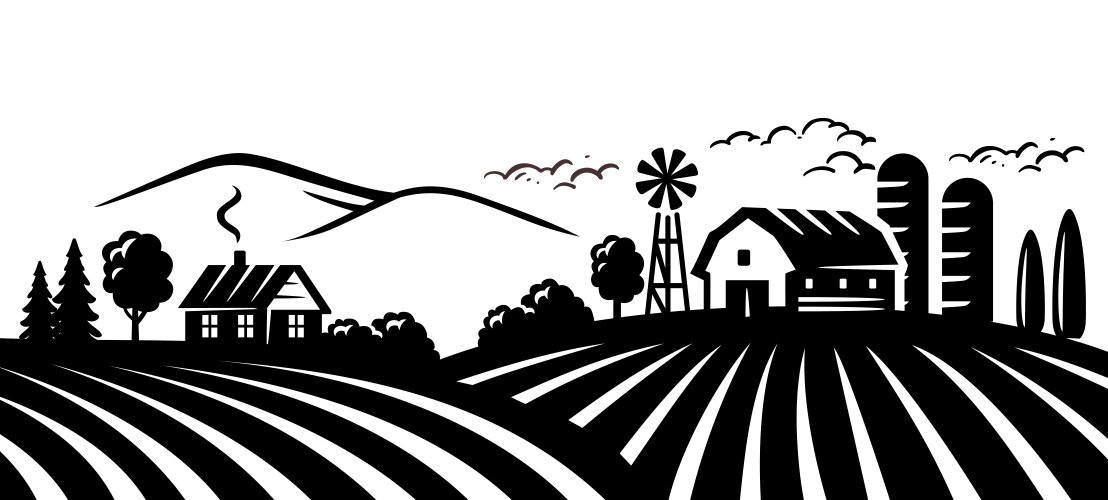 Black farm and field Royalty Free Vector Image