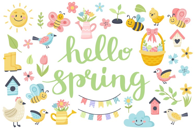 Cute spring elements set hello lettering Vector Image