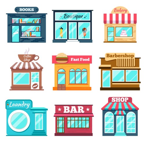 Shops and stores front icons set flat style Vector Image