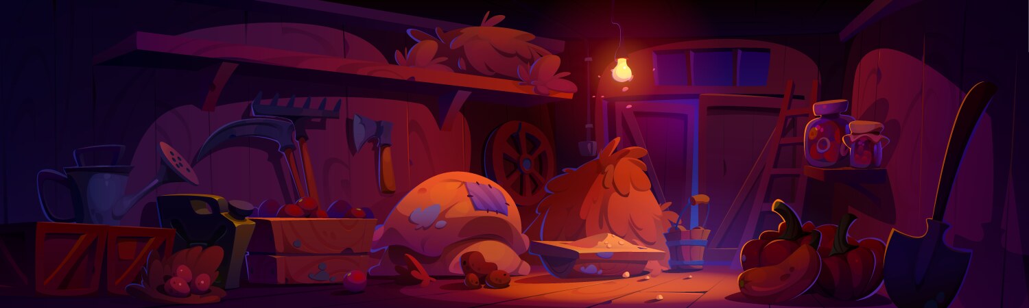 Farm barn inside with wood walls and gate at night