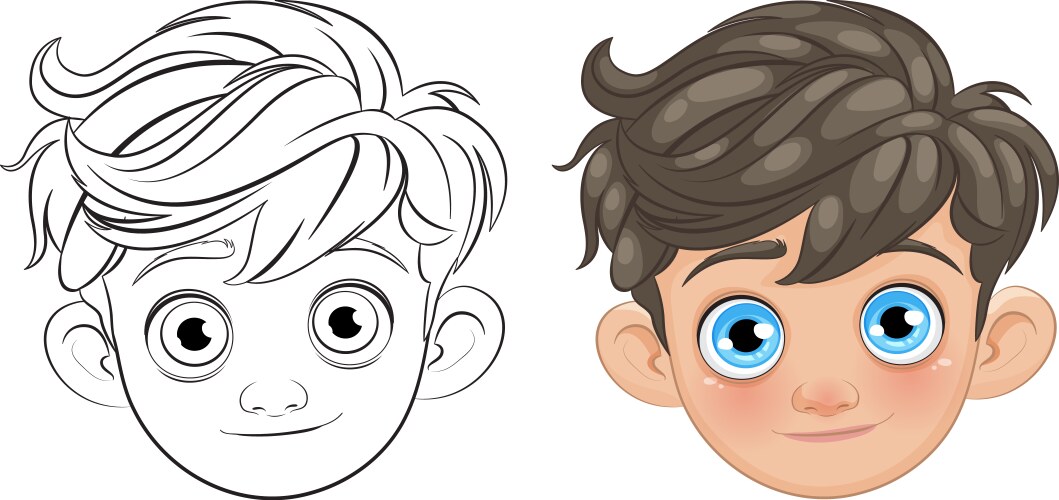 Color and outline versions of a boys face Vector Image