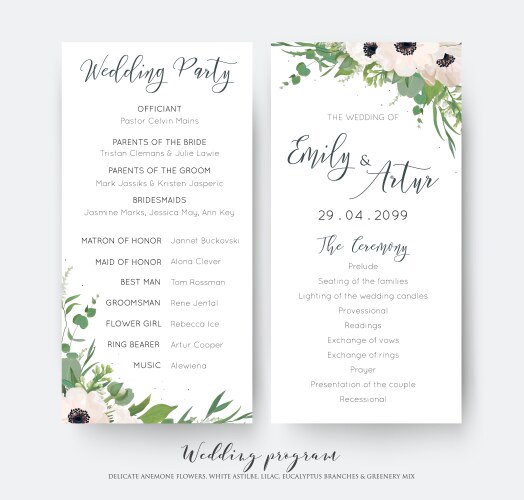 Editable floral wedding and ceremony program Vector Image