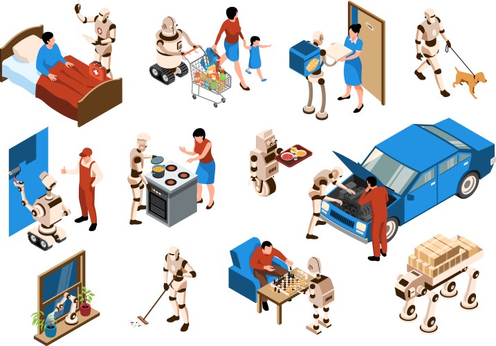 Industrial Robots Isometric Machines Assembly Vector Image