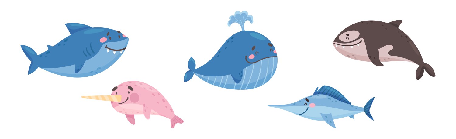 Cute sea animal with smiling face set Royalty Free Vector