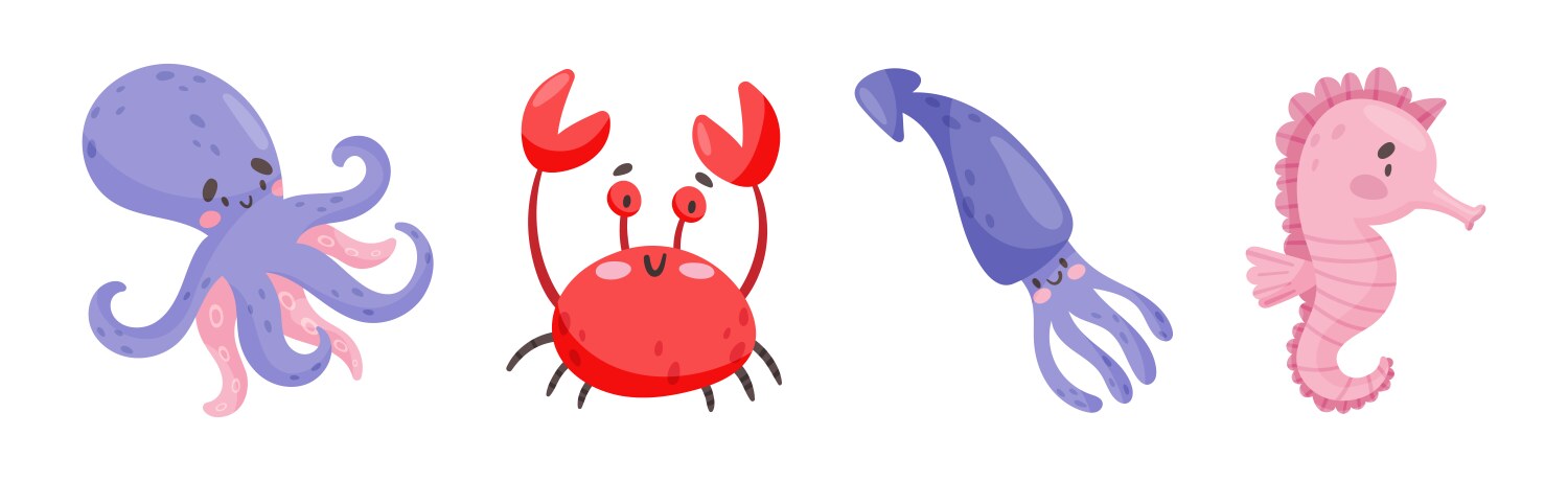 Flat set of different ocean animals marine Vector Image