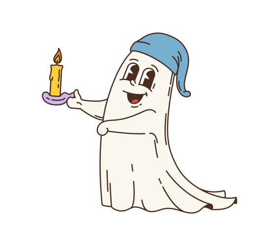 Cartoon kid wearing halloween ghost costume holdin