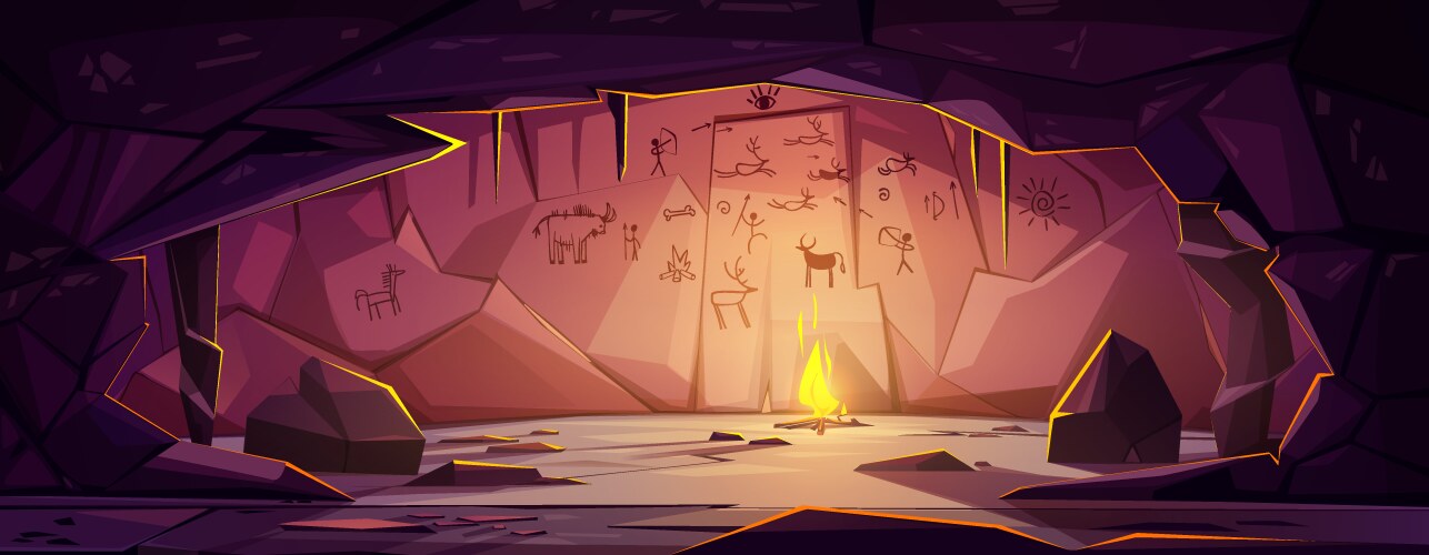 Prehistoric cave with animal drawings on wall Vector Image