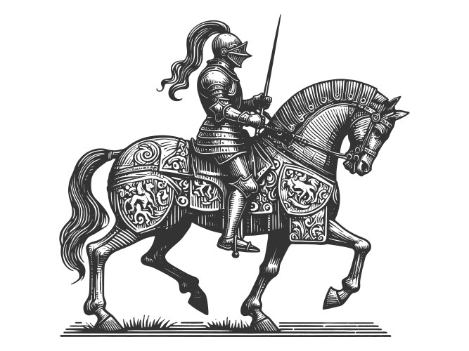 Medieval knight on horseback engraving Royalty Free Vector