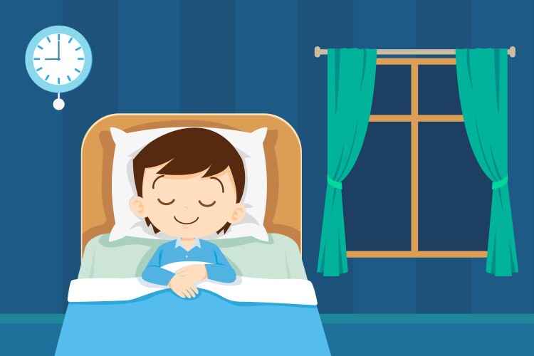 Cartoon little boy sleeping in the bed Royalty Free Vector