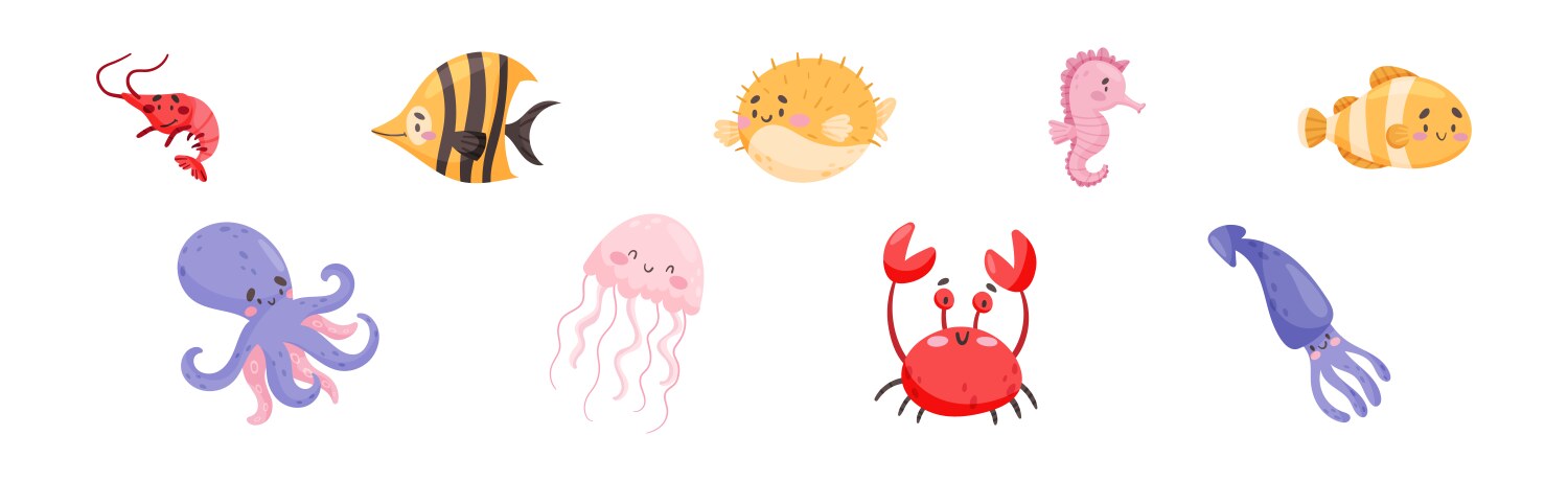 Cute sea animal with smiling face set Royalty Free Vector