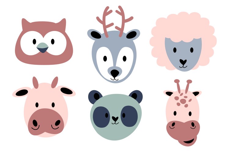 Cute animal heads collection flat style Royalty Free Vector