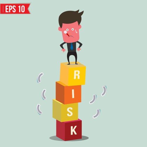 Cartoon businessman stand on risk block Royalty Free Vector