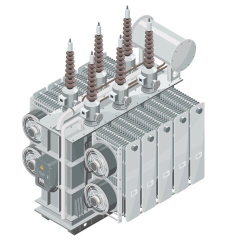 Power three-phase transformer isometric blueprints
