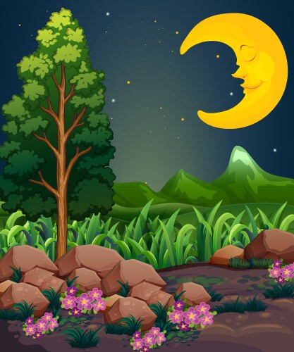 With trees and moon in cartoon Royalty Free Vector Image