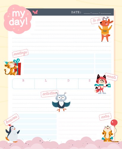 Colorful daily planner template cartoon organizer Vector Image