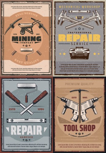 Repair tools monochrome posters set Royalty Free Vector