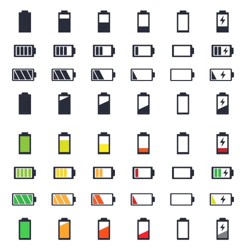 Battery icon set with colorful charge level Vector Image