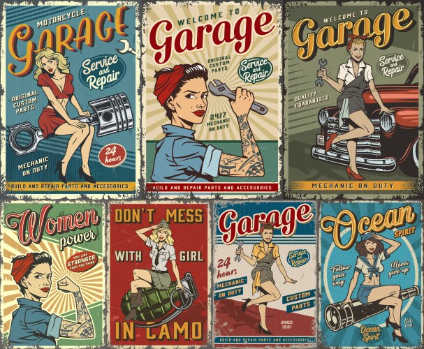 Vintage colorful pin up mechanic girl Royalty Free Vector