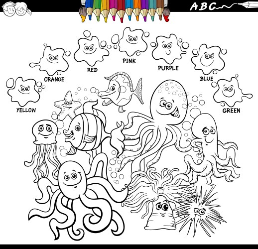 Basic colors with objects set coloring book page Vector Image