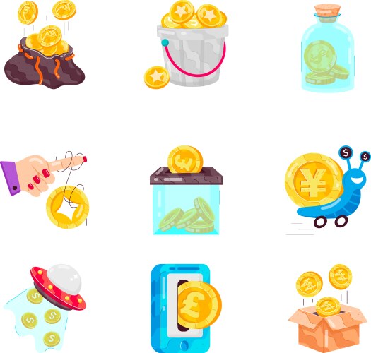 Gold coins flat stickers Royalty Free Vector Image