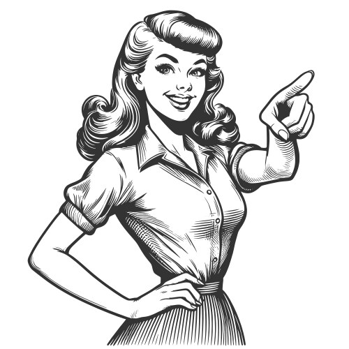 Smiling retro woman pointing forward Royalty Free Vector