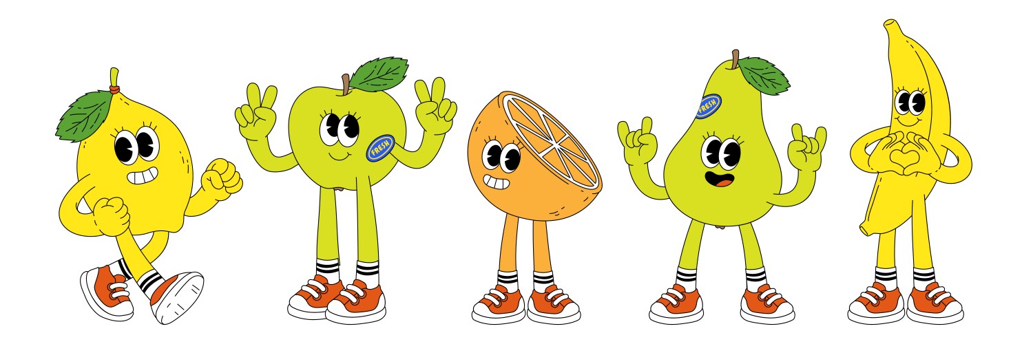Fruit retro funky cartoon character comic mascot Vector Image
