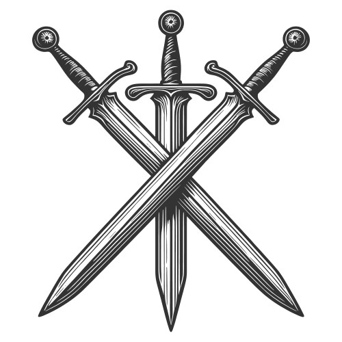 Three crossed medieval swords engraving Royalty Free Vector