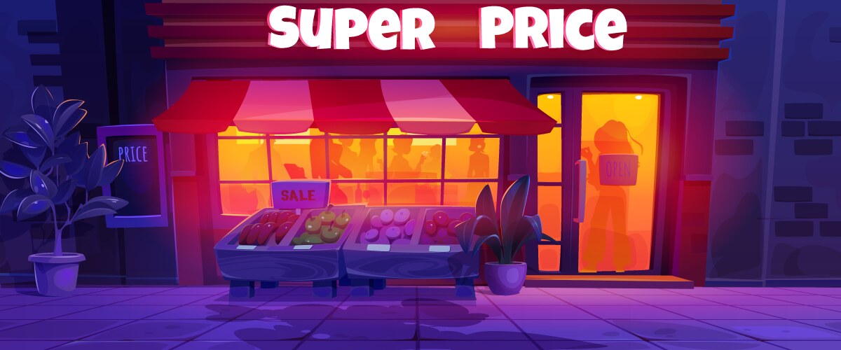 Grocery store at night with light from windows Vector Image