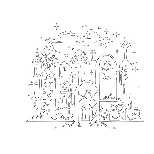 Scary graveyard outline sketch Royalty Free Vector Image