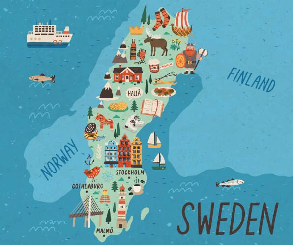 Sweden symbols map with tourist attractions Vector Image