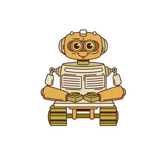 Cartoon retro groovy robot character bot on wheels