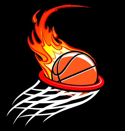 Flaming basketball through hoop logo Royalty Free Vector