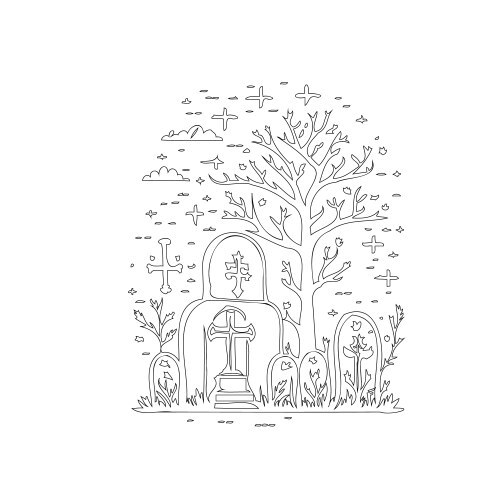 Scary graveyard outline sketch Royalty Free Vector Image