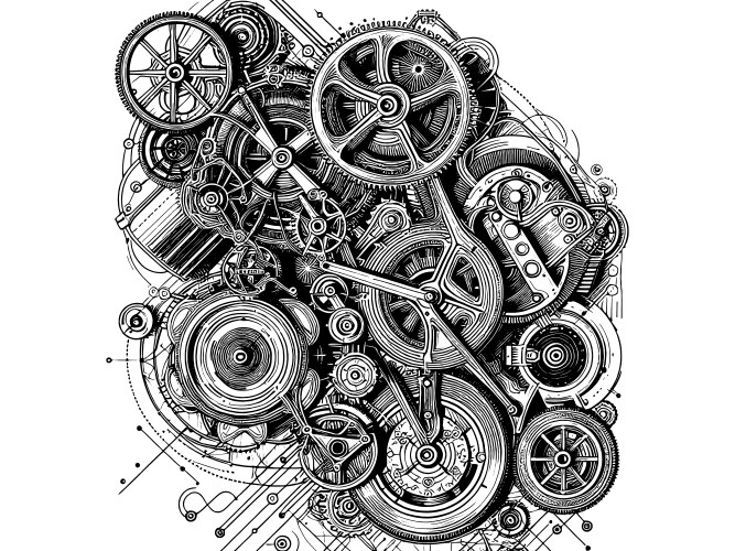 Complex mechanism in a cube sketch board Vector Image