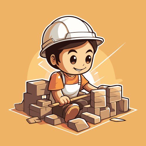 Cartoon boy builder building a wall Royalty Free Vector