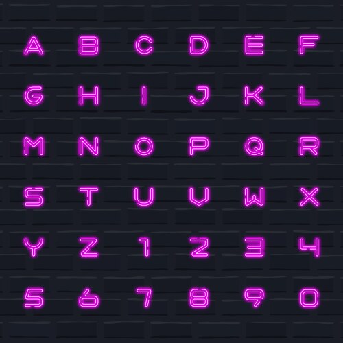 Neon type font glowing alphabet letters Royalty Free Vector