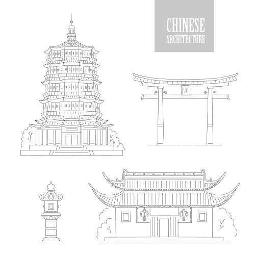 Ancient chinese architecture buildings icons set Vector Image